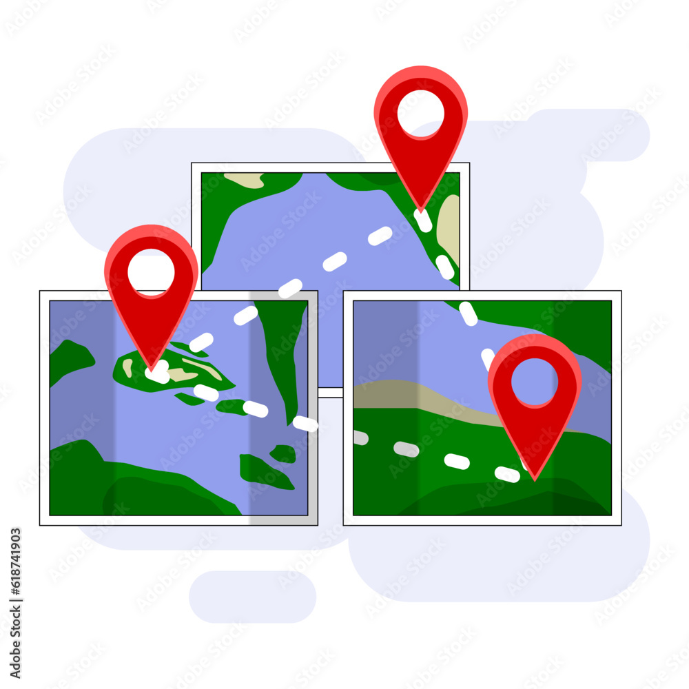 vector of locations on the map showing three travel points on different ...
