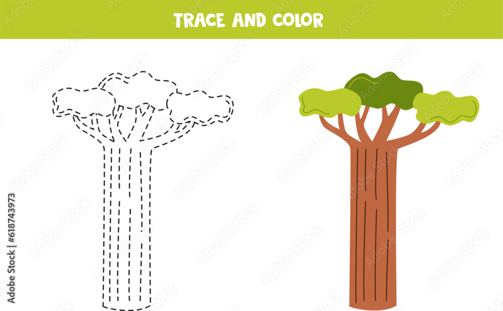 Trace and color cartoon baobab tree. Worksheet for children. Stock ...