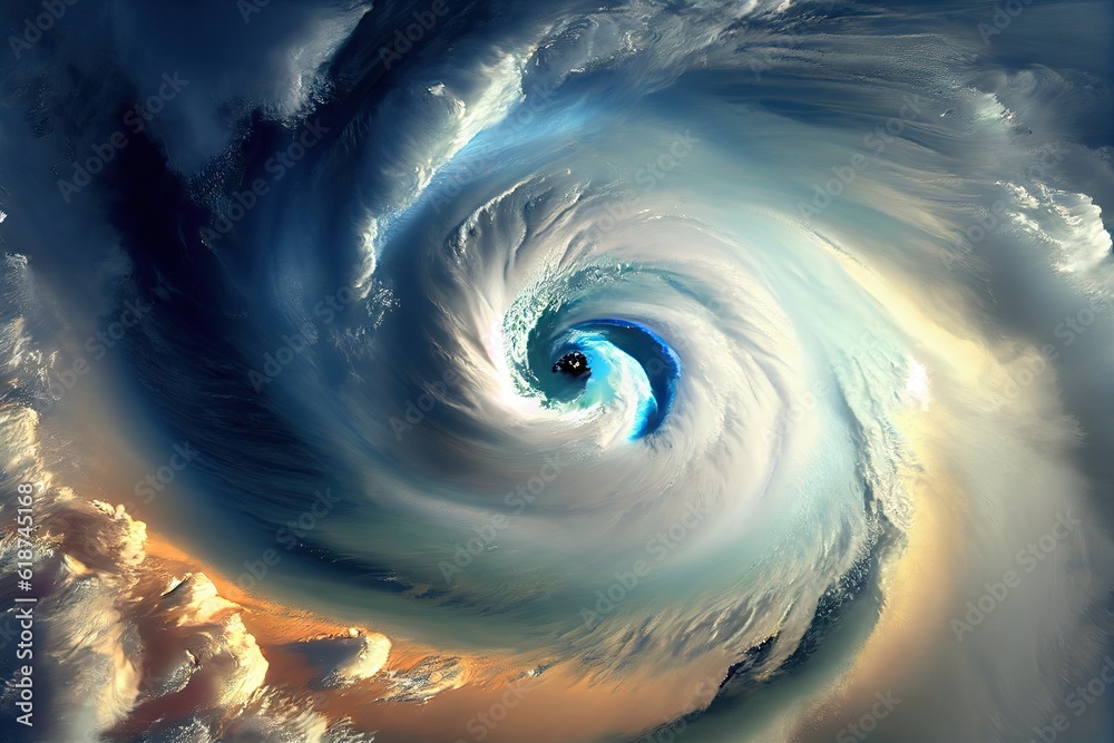 tropical cyclone, viewed from above, with clouds and rain moving around ...