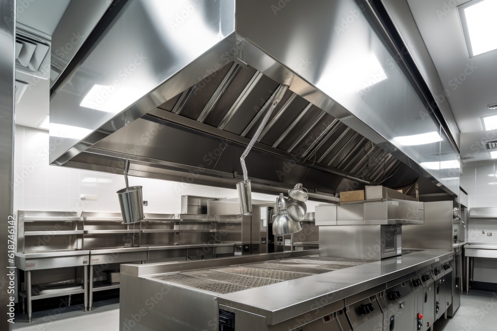 ventilation and exhaust system in commercial kitchen, with hoods above ...