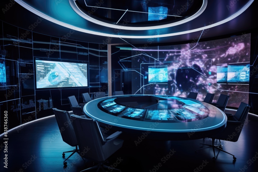 futuristic meeting room, with holographic displays and floating screens ...