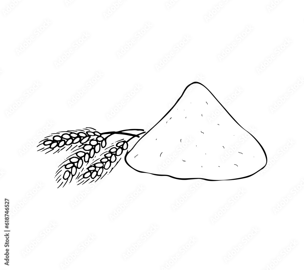 Hand-drawn wheat flour and ears, vector illustration, isolated on white ...