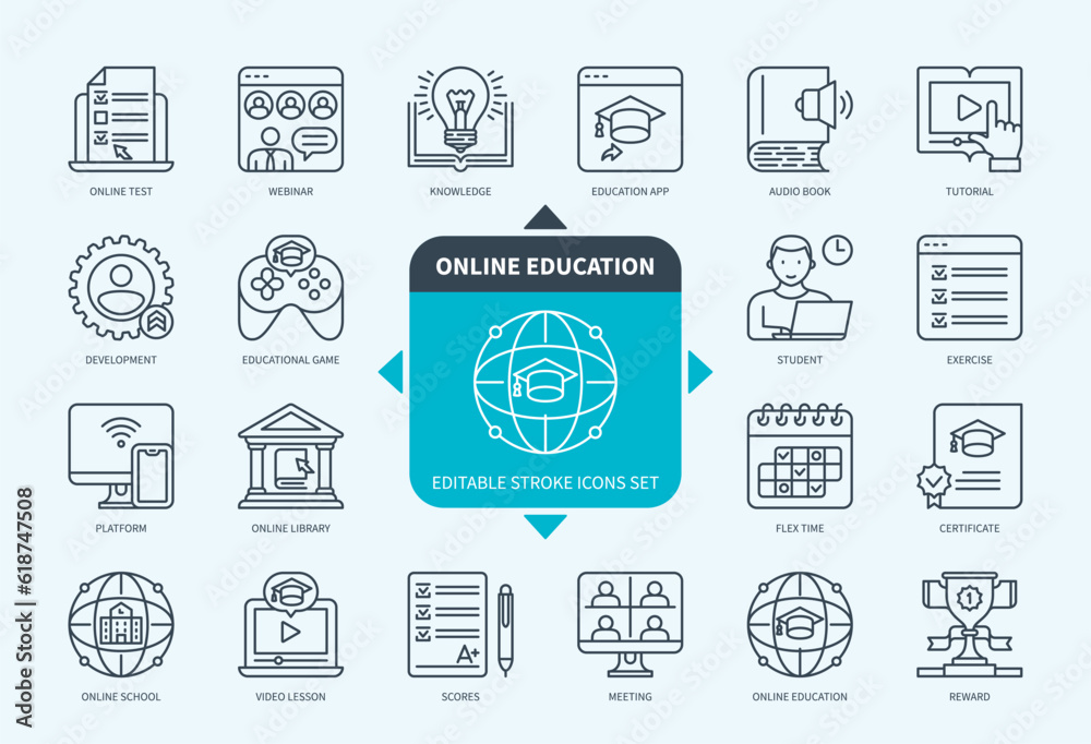 Editable line Online education outline icon set. Tutorial, Video ...