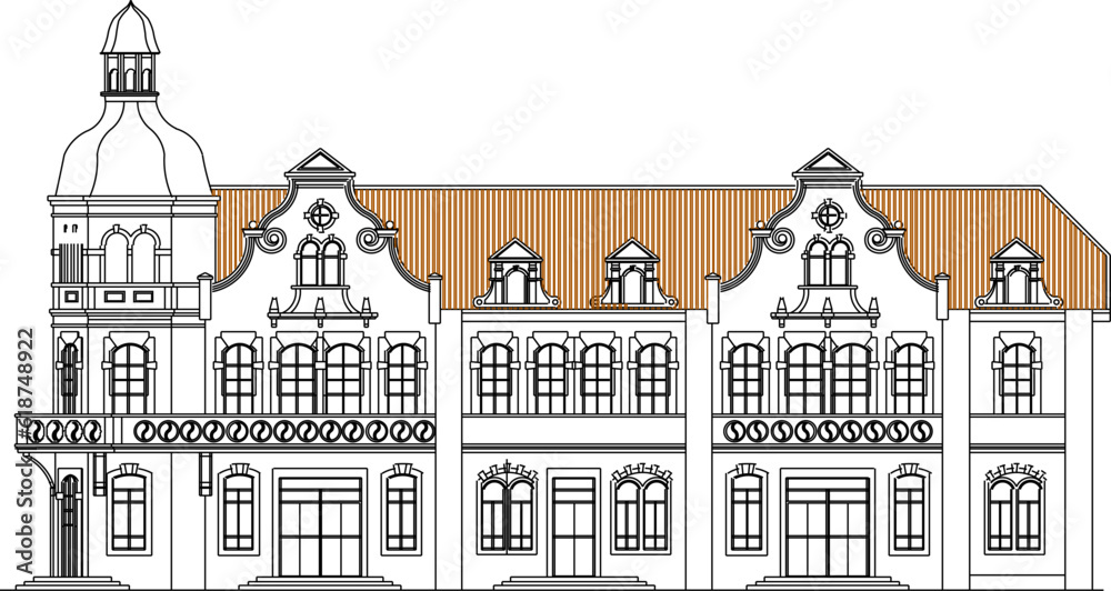 Vector sketch illustration of classic vintage old colonial building ...
