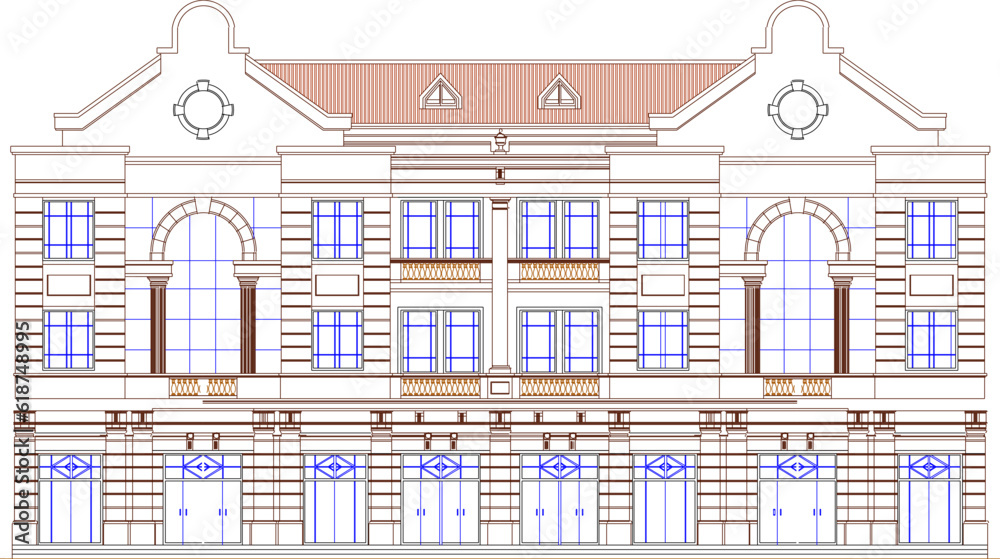 Vector sketch illustration of classic vintage old colonial building ...