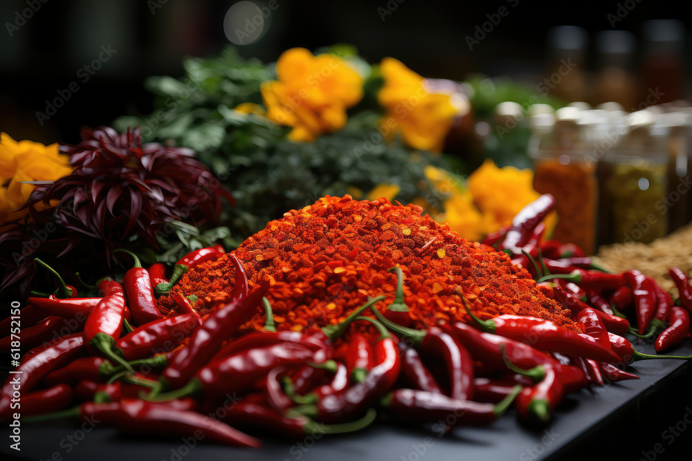 A photograph capturing a market stand adorned with an array of aromatic ...