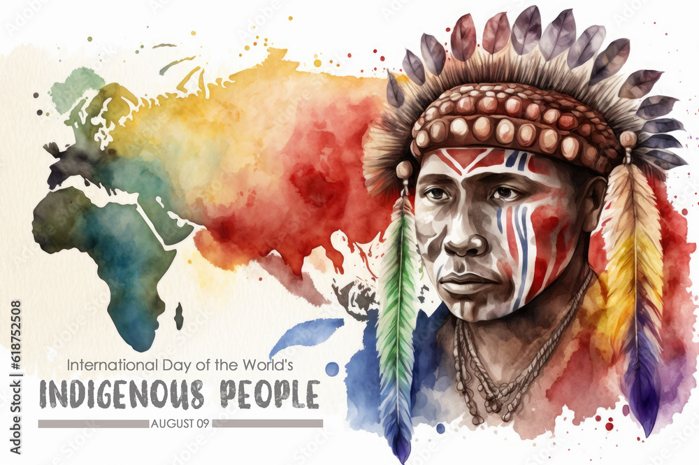 the head of the indigenous person in watercolor style for International ...