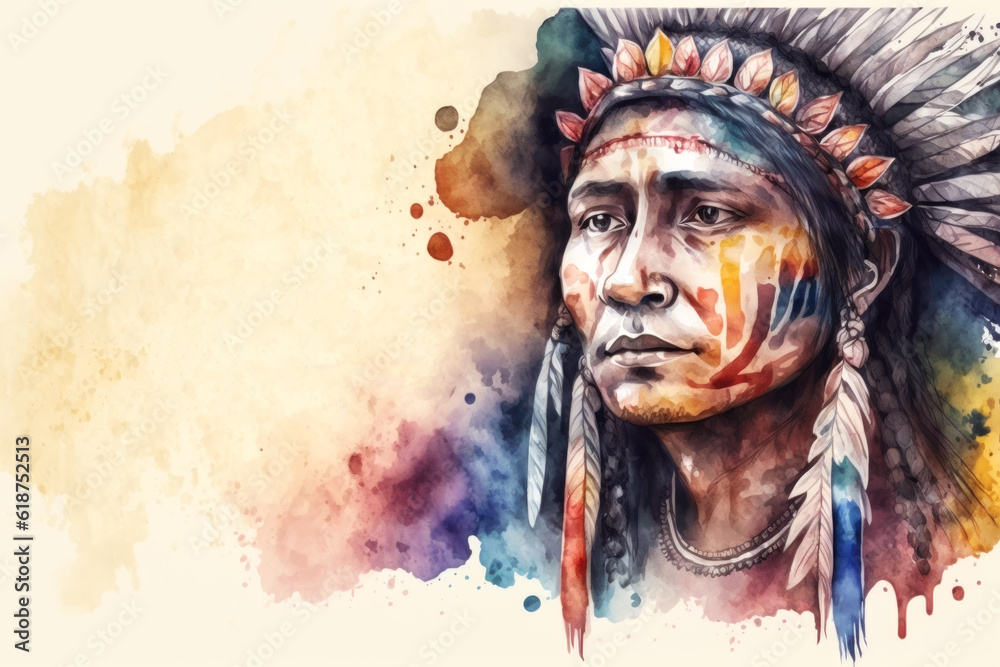 the head of the indigenous person in watercolor style for International ...