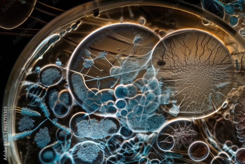 microbial culture on microscope slide, with magnification of cells and ...