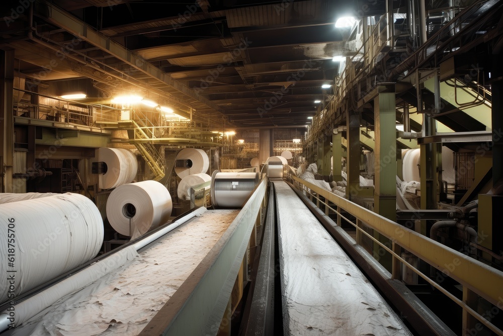 massive pulp and paper mill, with conveyor belts carrying massive rolls ...