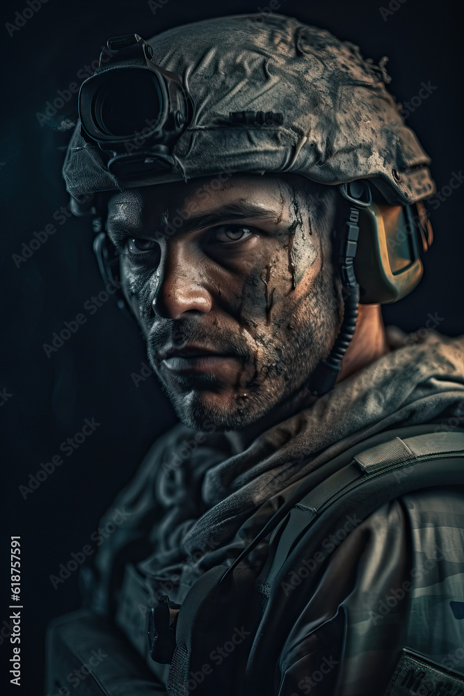 Portrait depicting a modern soldier donning a ballistic helmet ...