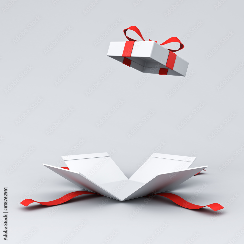 Open white present box or gift box with red ribbons and bow isolated on ...