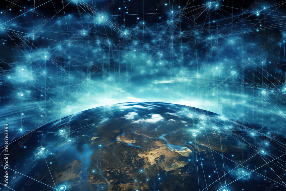 Global communication big data being transmitted across the world while ...