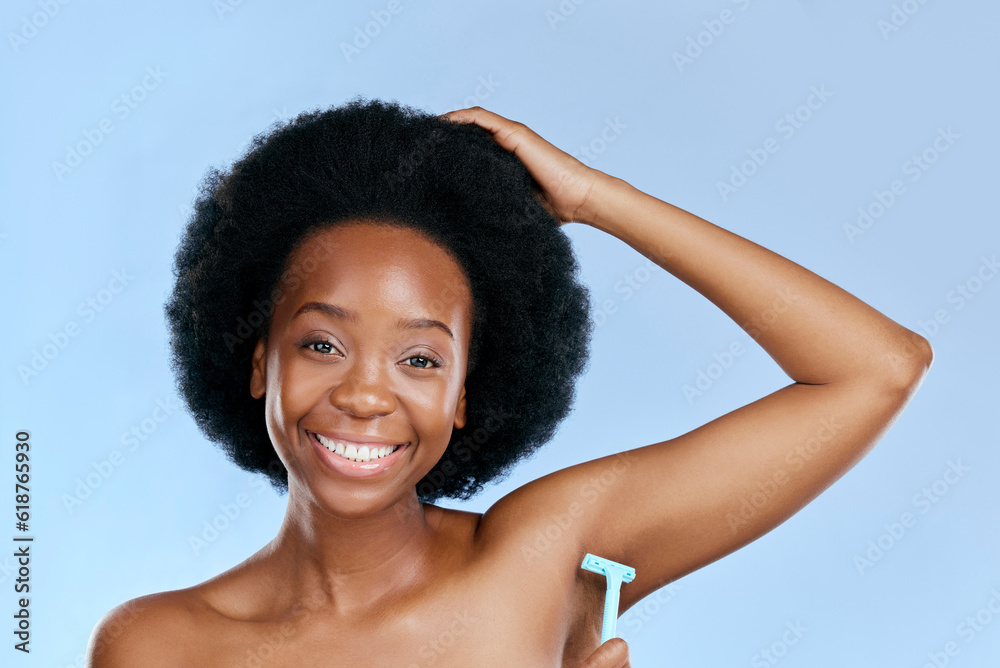 Smile, portrait or black woman woman shaving armpit with a razor blade ...