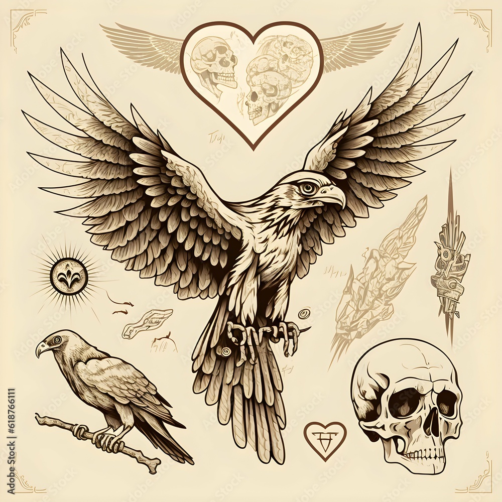 Traditional Tattoo flash style image of a hawk flying talons ripping in ...