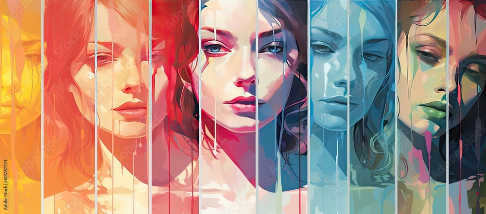 Coloured pencil portraits of girls of many different colors. Digital ...