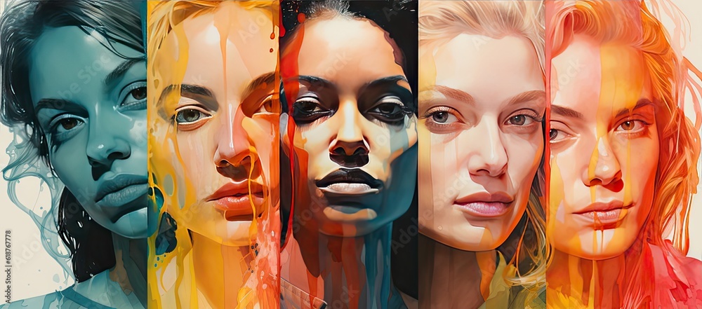 Coloured pencil portraits of girls of many different colors. Digital ...