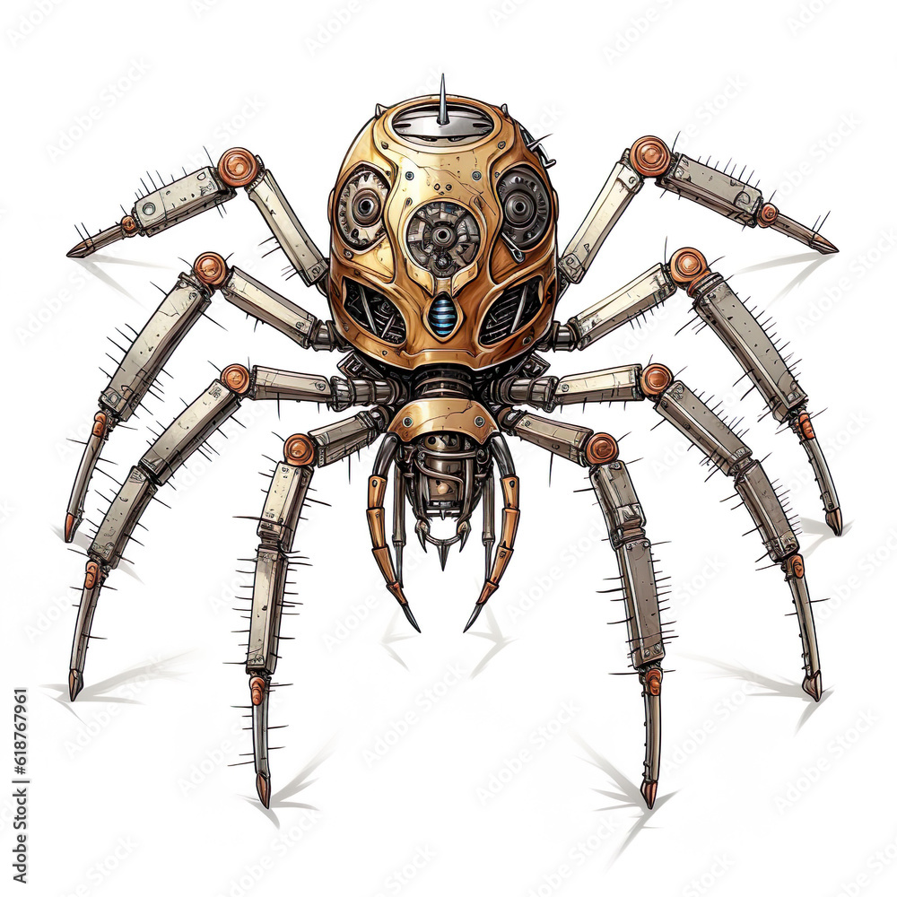 Spider robot in steampunk style symbolic isolated on white background ...