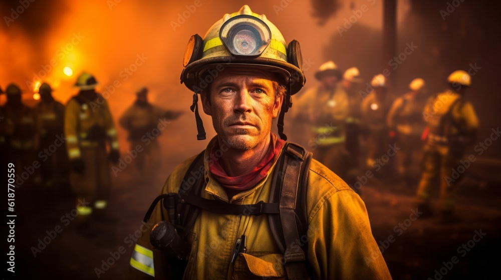 AI generated male firefighter standing in front of a group of people ...