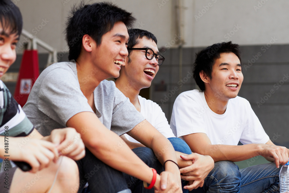 Asian men, group and students at campus with smile, relax and excited ...