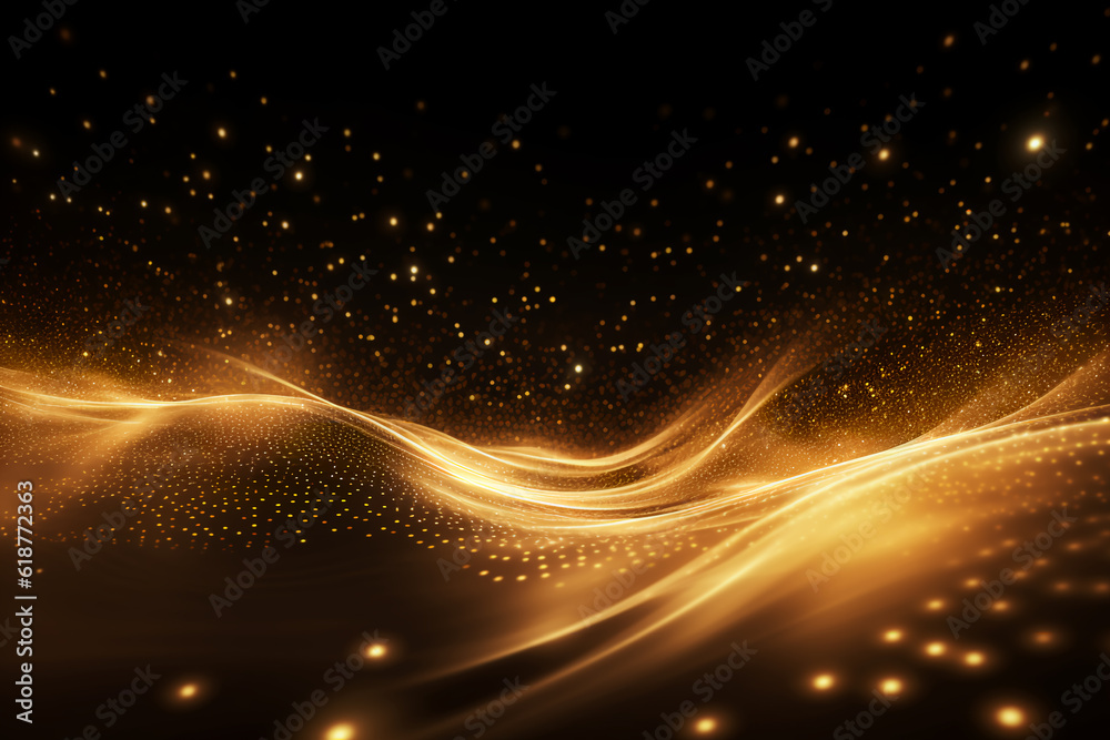 Digital Gold Particles Wave and light abstract background with shining ...