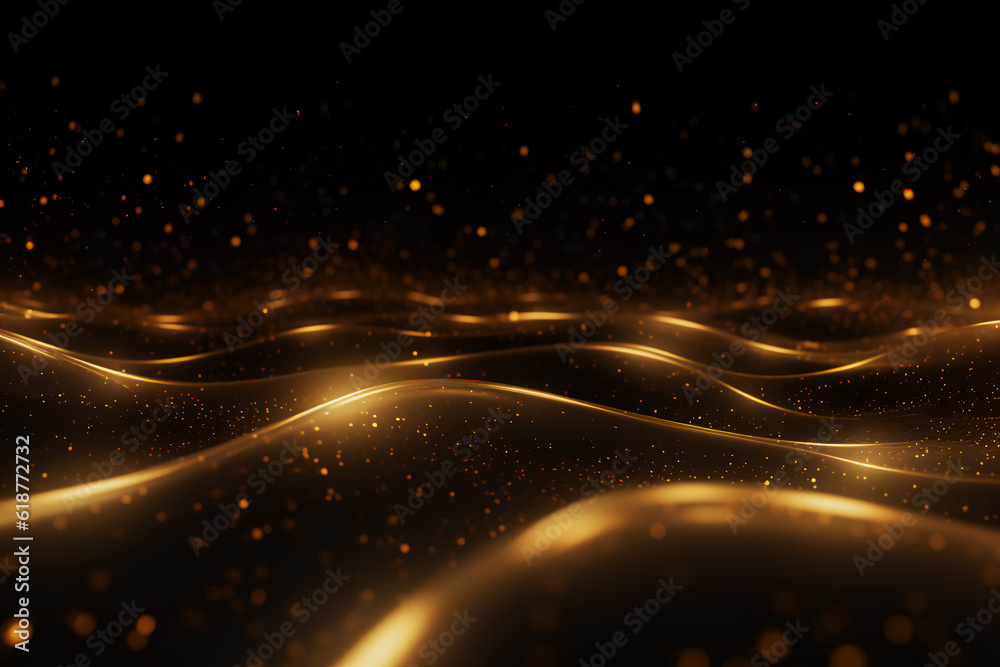 Digital Gold Particles Wave and light abstract background with shining ...