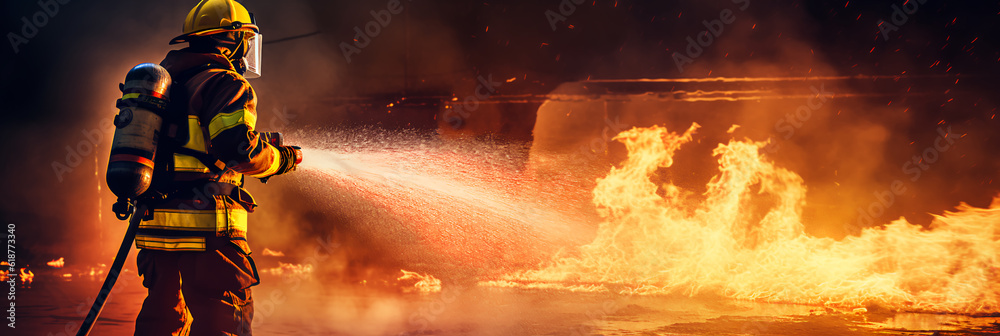 fireman using water and extinguisher to fighting with fire flame in an ...