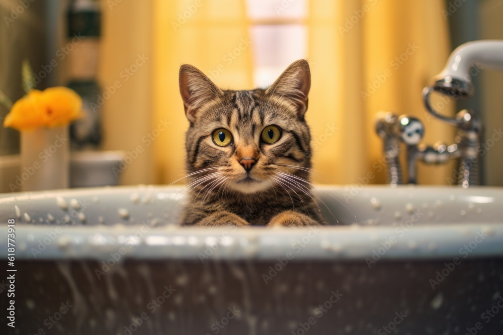 Domestic cat taking a bath in a bathtub. Generative AI 1 Stock ...