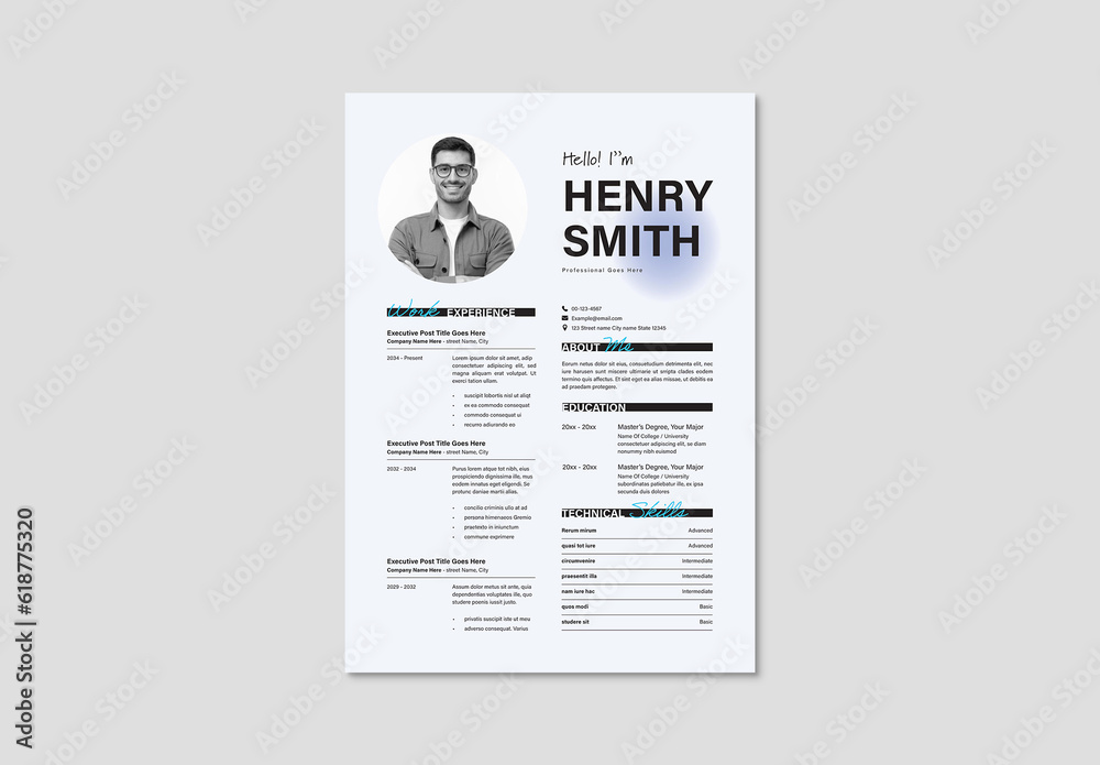 Resume CV Layout with Blue Accents Stock Template | Adobe Stock