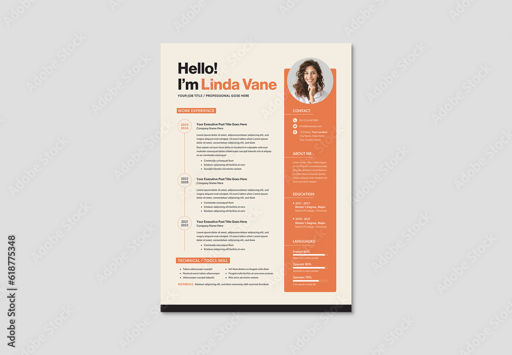Resume CV Layout with Orange Accents Stock Template | Adobe Stock