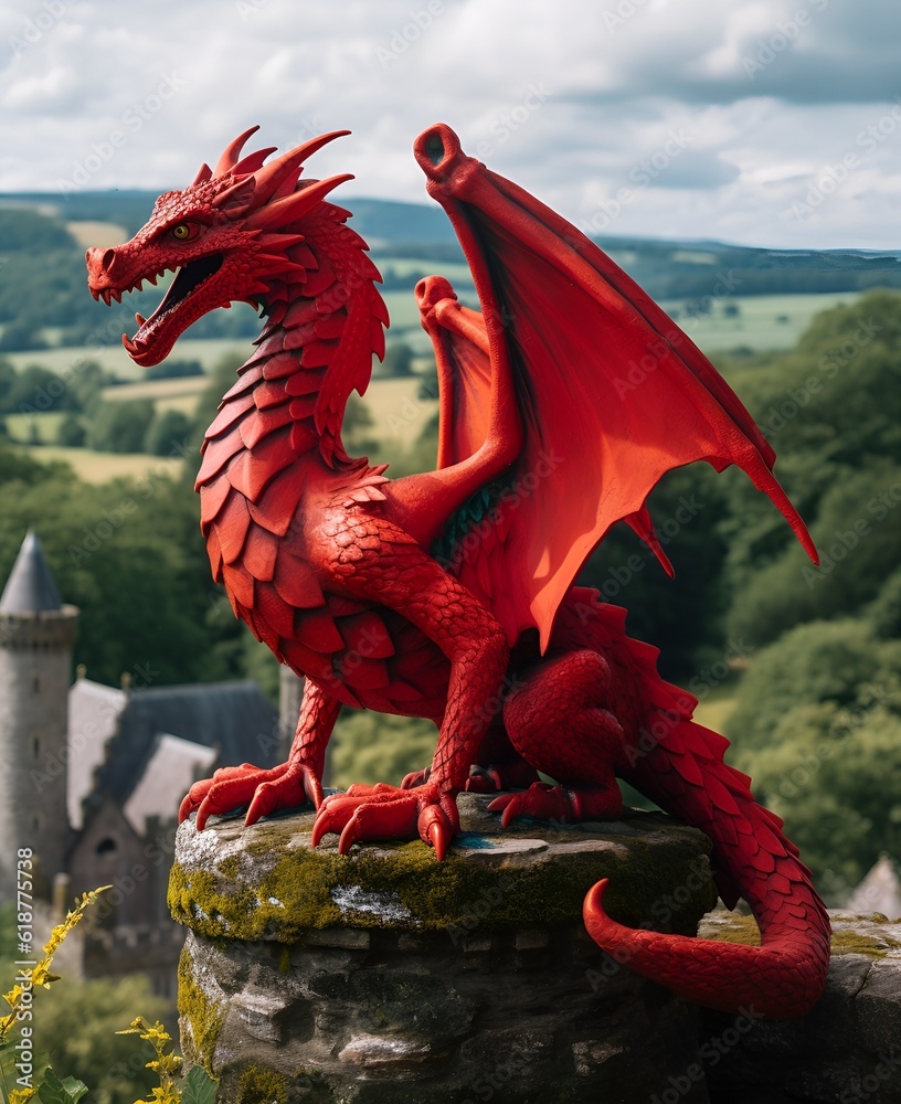 Y draig goch. A vibrant red dragon, wings spread wide, perched atop an ...