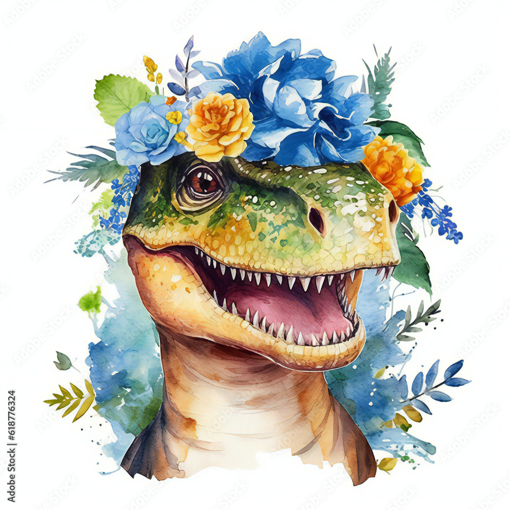 adorable, lovely, cute cartoon t - rex, with flowers on head, bright ...