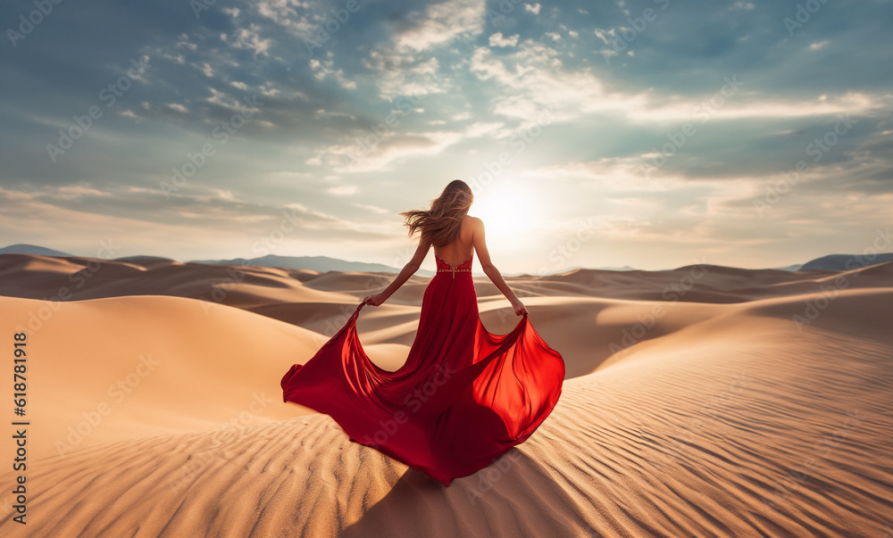 Foto de woman in red dress dancing in desert do Stock | Adobe Stock