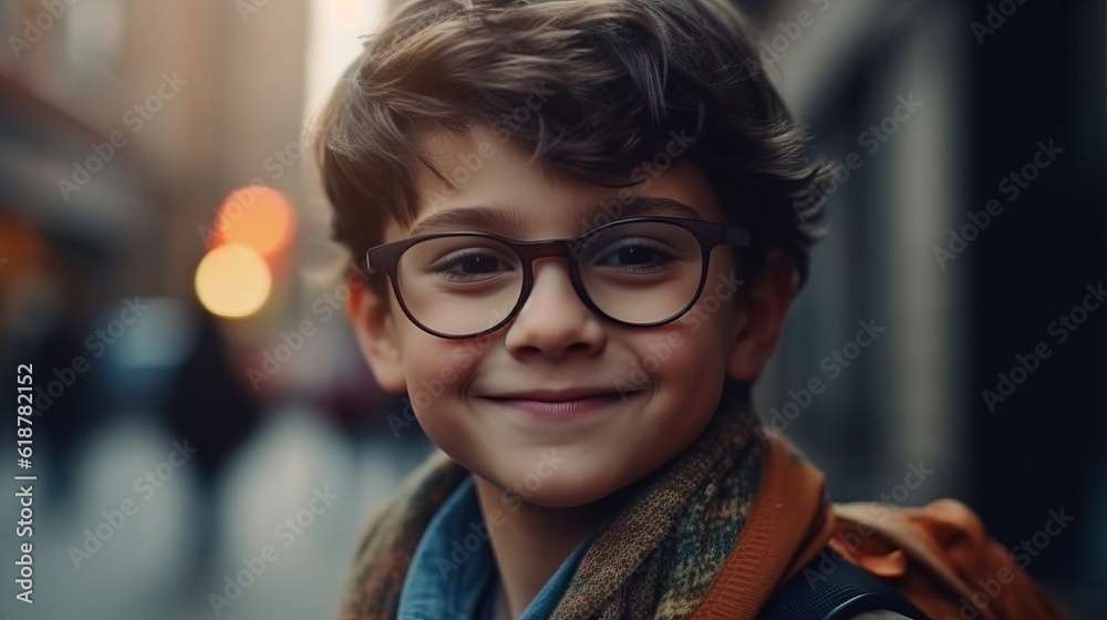 Portrait of a schoolboy. Happy smiling schoolboy went to school. Kid ...