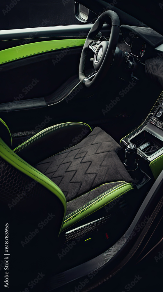Modern green supercar interior with the leather panel, sport seats ...