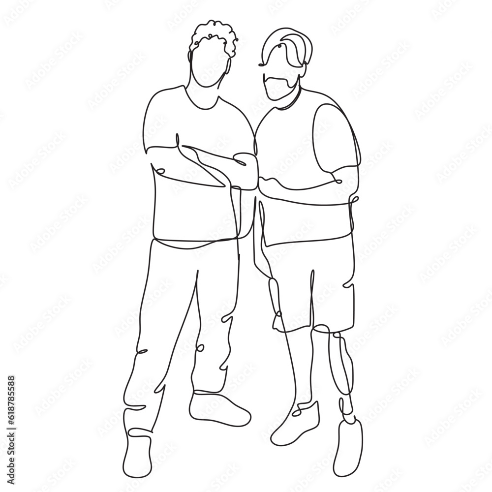 A continuous line art drawing a disabled man with an amputated foot on ...