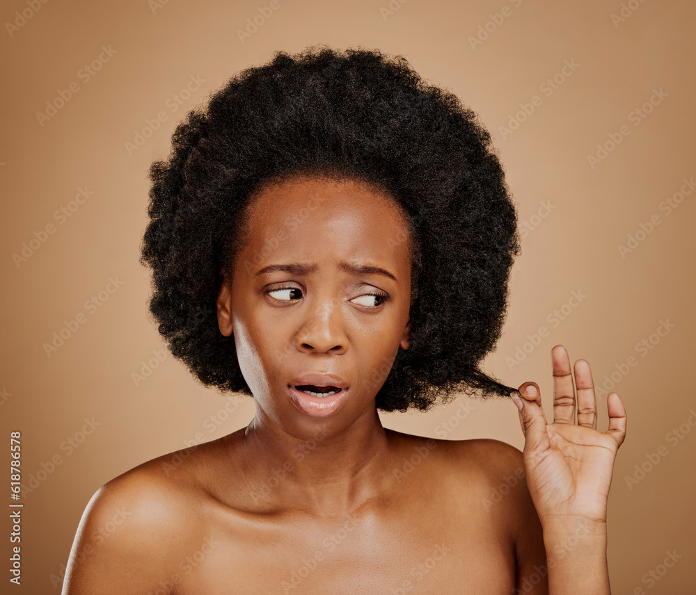 Worry, black woman and hair problem for afro in studio isolated on a ...