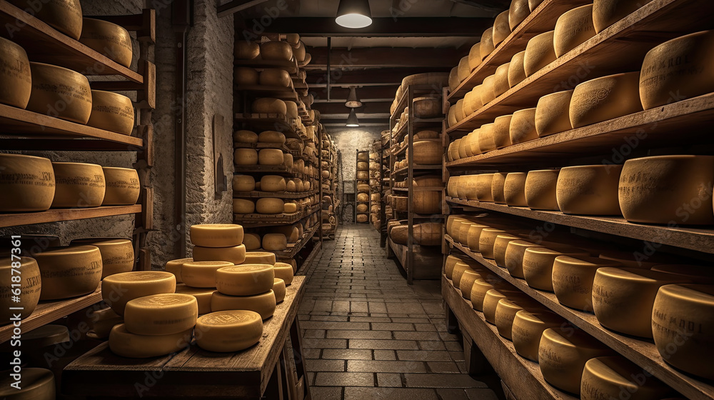 Cheese factory warehouse with shelves stacked with rows of cheese ...