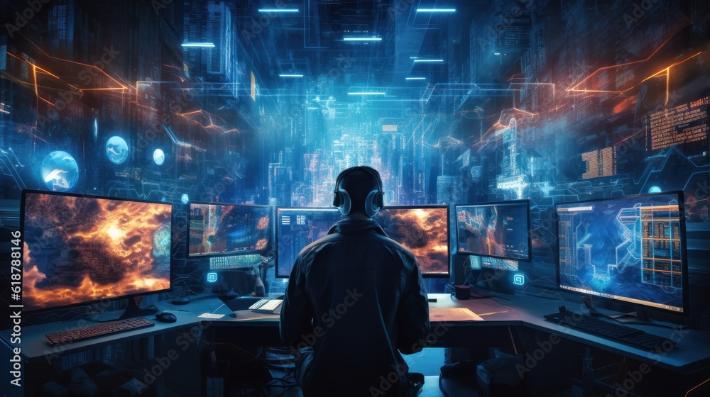 Depict a skilled cyberpunk hacker in a futuristic setting, surrounded ...