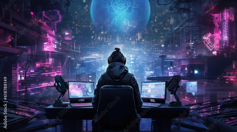 Depict a skilled cyberpunk hacker in a futuristic setting, surrounded by holographic interfaces ...