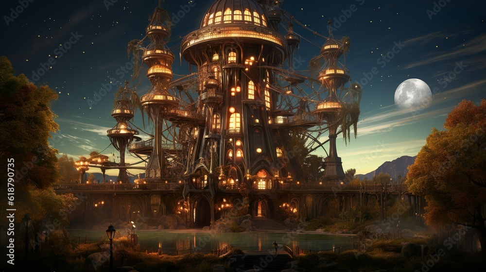 Retrofuturistic sci-fi amusement park with victorian steampunk lamps ...