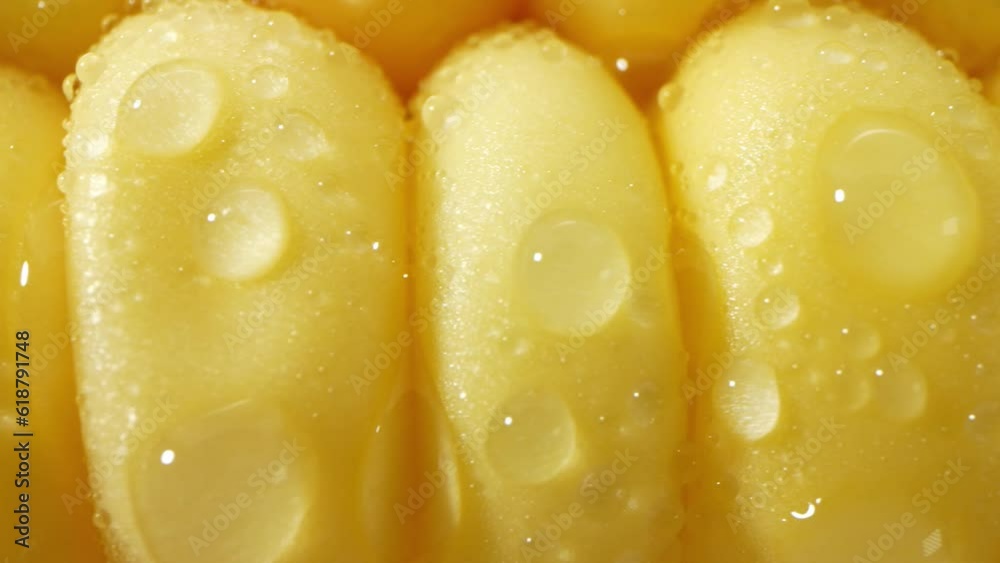 A mesmerizing macro video captures sweetcorn kernels glistening with ...
