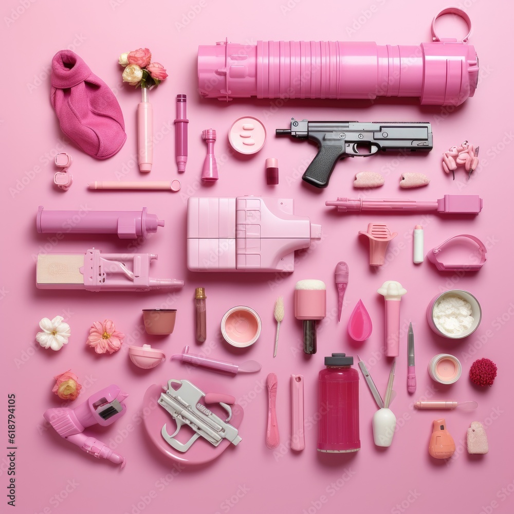 Barbie core pastel pink flat lay with plastic toy weapons and army ...