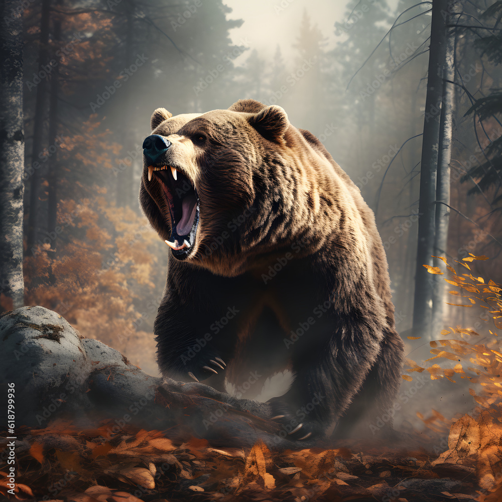 brown bear in the forest, grizzly bear, grizzly roaring, angry bear, generative Ai Stock ...