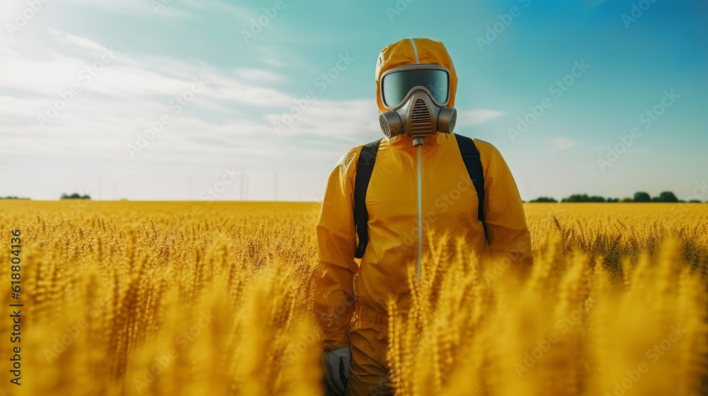 Person in a hazmat suit and gas mask standing in a wheat filed. Concept ...