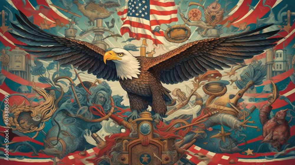 An artistic illustration featuring iconic symbols of freedom and ...