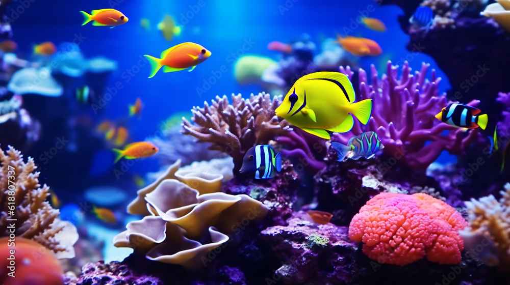 aquarium with many colorful ocean fish, in the style of animated gifs ...