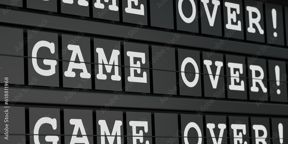 Game Over. Black timetable display with the message, game over in white ...