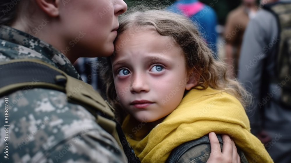 Ukrainian Soldier holds a child refugee little girl sad from being ...