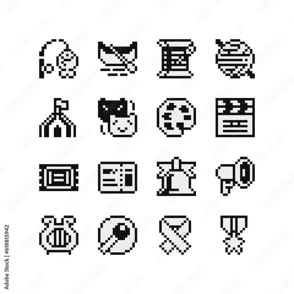 Сreativity and art set, video game 1 bit pixel art icons. Design for ...